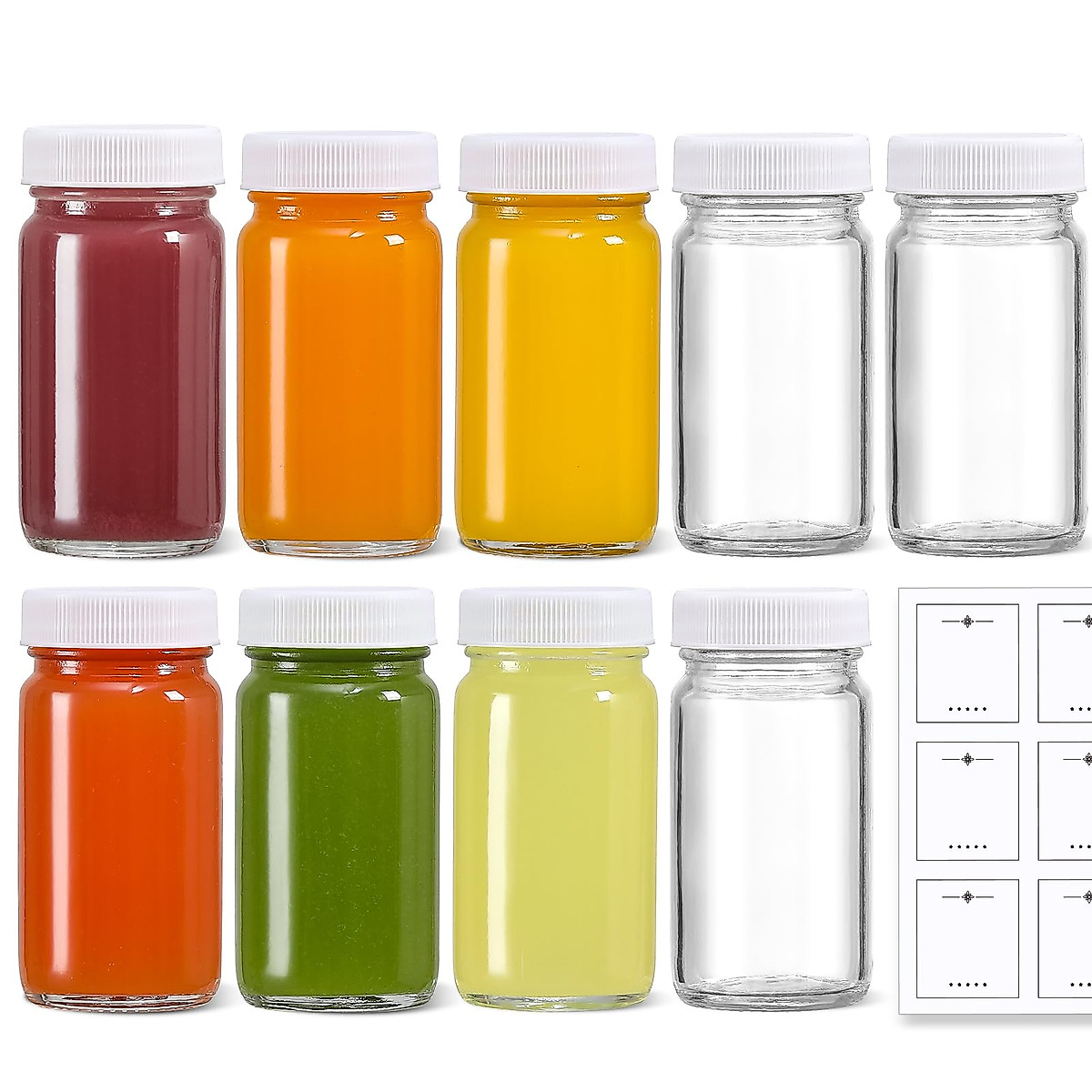 9 Pack 2 oz Glass Shot Bottles w/ White Lids & 9 Labels - Small Clear Jar for Ginger, Wellness Shot, Juice, Sample, Whiskey - Travel Essentials Mini Bottles - Wide Mouth, Leakproof, Dishwasher Safe