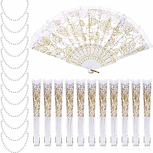 24 Pcs Floral Handheld Fan and Faux Pearl Necklaces for Wedding, Lace Folding Hand Fan Foldable Chinese Fan White Bead Necklace Strand Necklace for Bridal Tea Party Decorations Birthday Dancing