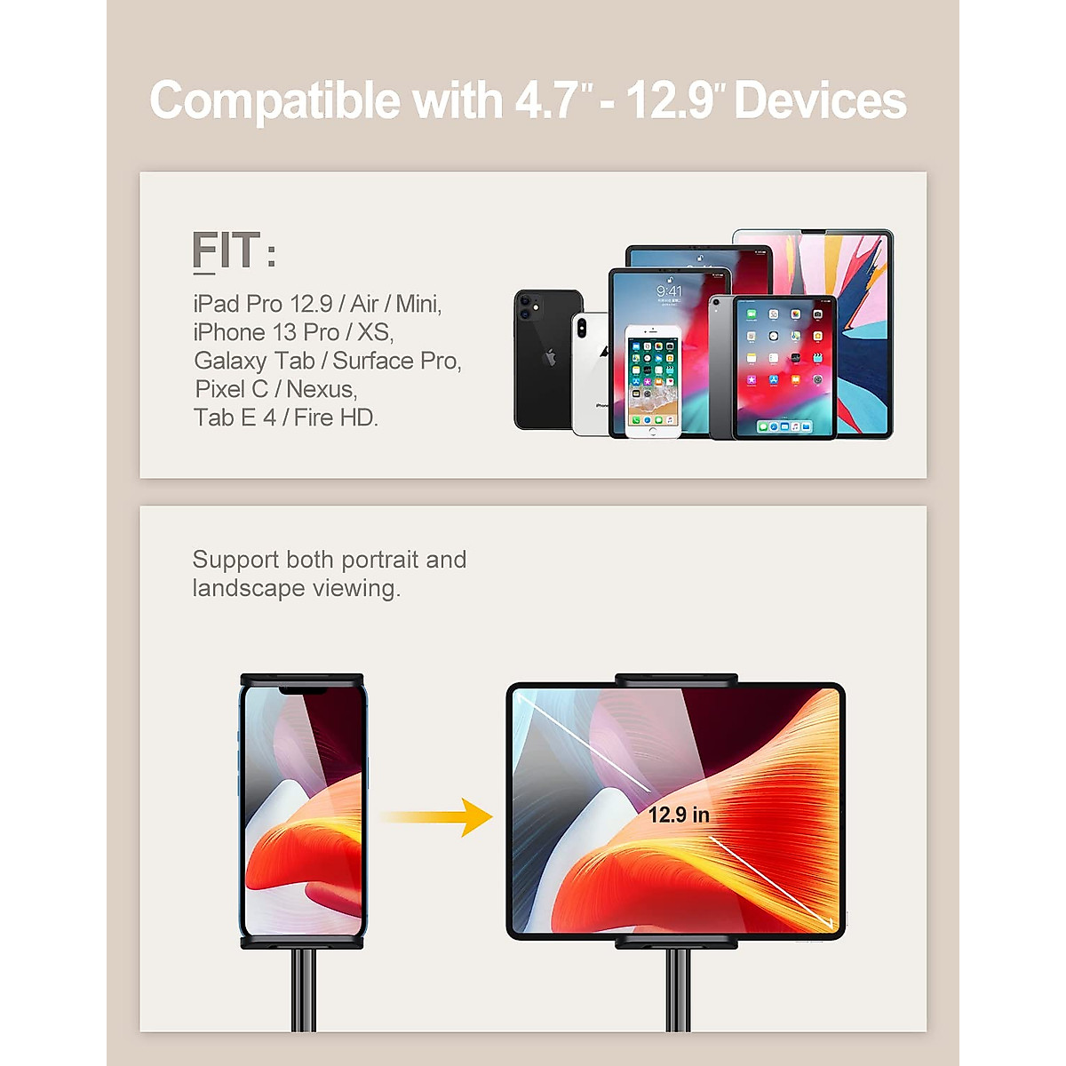 elitehood Floor Tablet Stand & Boom Mic Stand, 68in Height Adjustable iPad Holder Stand, Portable Tripod Microphone Stand for Singing, Compatible with iPad Pro Air Mini and 4-12.9’’ Phones & Tablets