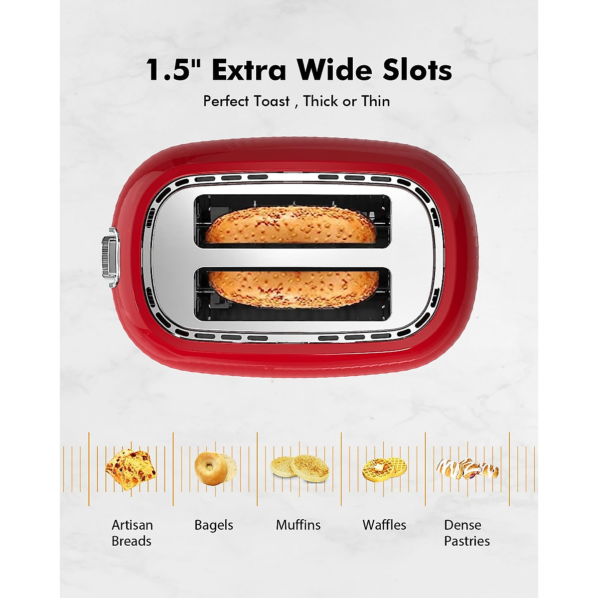 2 Slice Toaster with Extra Wide Slots & Removable Crumb Tray - 6 Browning Options, High Lift, Auto Shut Off & Frozen Function, Toast Fruit Bread, Bagel & Waffle, Red
