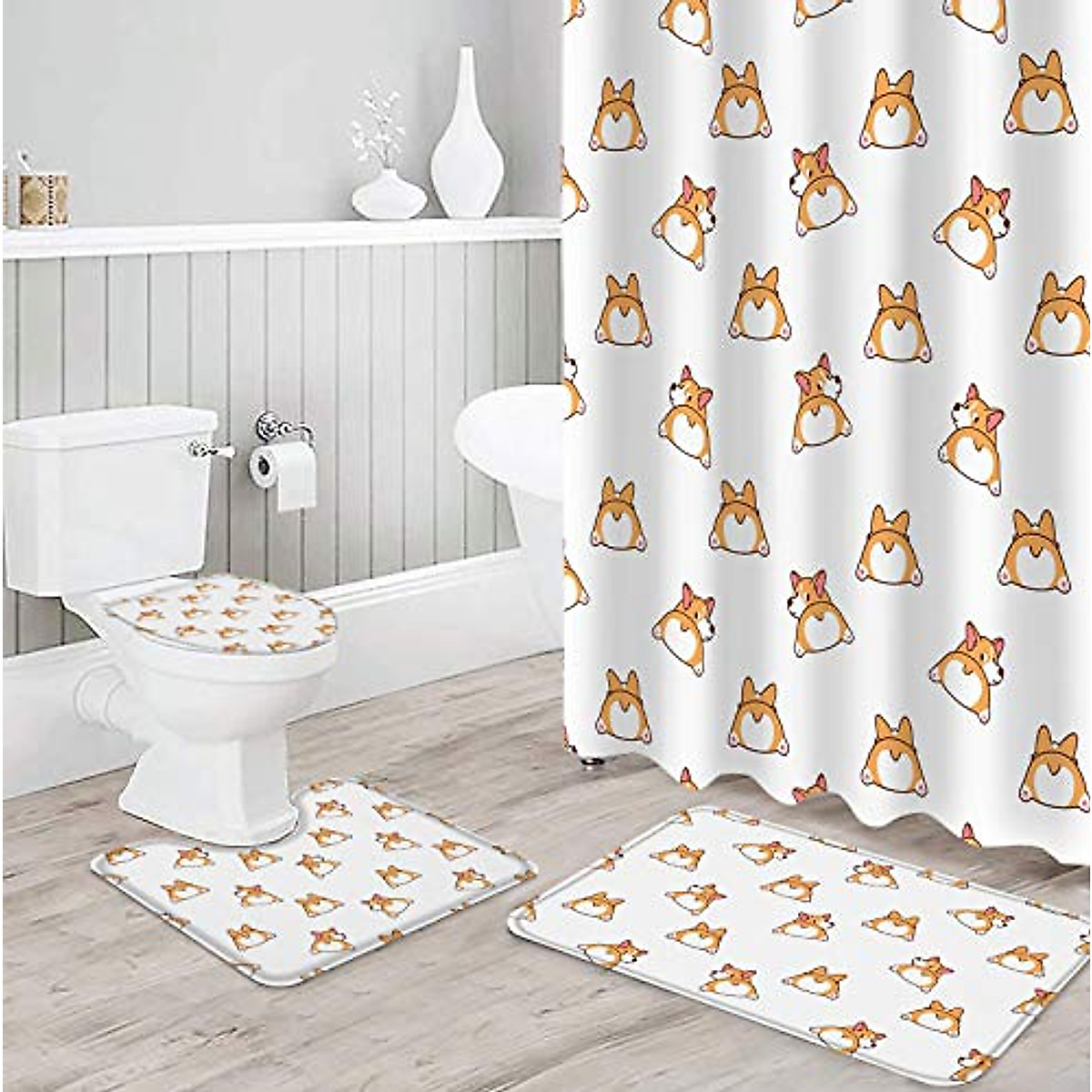 Big buy store 4 Pcs Shower Curtain Sets Cute Puppy Corgi Butt Waterproof Fabic Bathroom Set with Non-Slip Rugs Toilet Lid Cover Bath Mat Cartoon Animal Shower Curtain with Hooks -72x72 inch Large