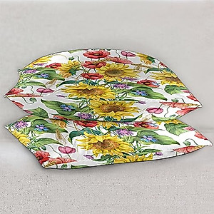 Floral Sunflower Poppy Satin Pillow Cases Silk Satin Pillowcase for Hair and Skin Standard Set of 2 Super Soft Silk Pillowcase with Envelope Closure (20x26 in)
