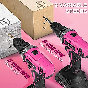 Pink Cordless Drill Set, 20V Lithium-ion Power Drill Set for Women with 67Pcs Drill Driver Bits, 3/8"Keyless Chuck, 25+1 Position Electric Drill, 2.0Ah Battery, Fast Charger and Storage Bag Included
