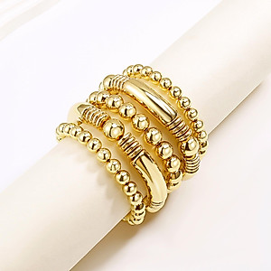 Gold Bangles Bracelet for Women Chunky Curved Stacking Plated Bead Ball Stretchable Bracelets