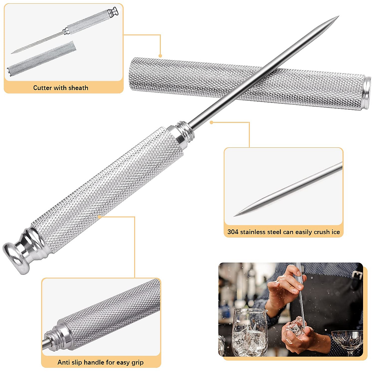 JINBAZO Ice Pick with Safety Cover, Aluminium Alloy Handle Stainless Steel Knife With Pick Tool for Breaking Ice, Non-slip Antiskid Handle for Easy to Grip (Silver)