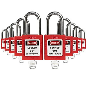 TRADESAFE Lockout Tagout Locks Set - 10 Red Loto Locks, Lockout Locks Keyed Different, 1 Key Per Lock, OSHA Compliant Lock Out Tag Out Padlocks, Safety Padlocks for Electrical Lockout Tag Out Kits