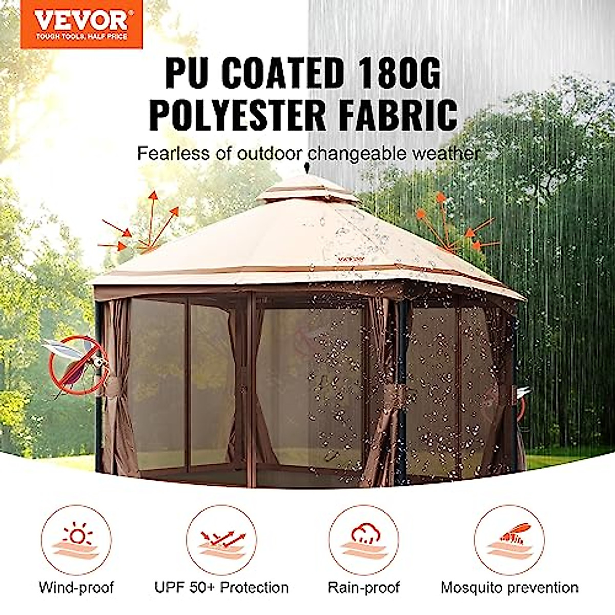 VEVOR Patio Gazebo for 10-12 Person, 10 x 13 FT Backyard Gazebo, with Mosquito Netting, Metal Frame, and PU Coated 180G Polyester, Outdoor Canopy Shelter for Patio, Backyard, Lawn, Garden, Deck