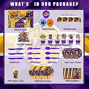Lakers 24 Birthday Party Supplies for Men Boys Adults Kobe Bryant and Lebron James Basketball Game Theme Party Decorations Including Plates and Cups Tablecloth Backdrop Cake Toppers Backdrop