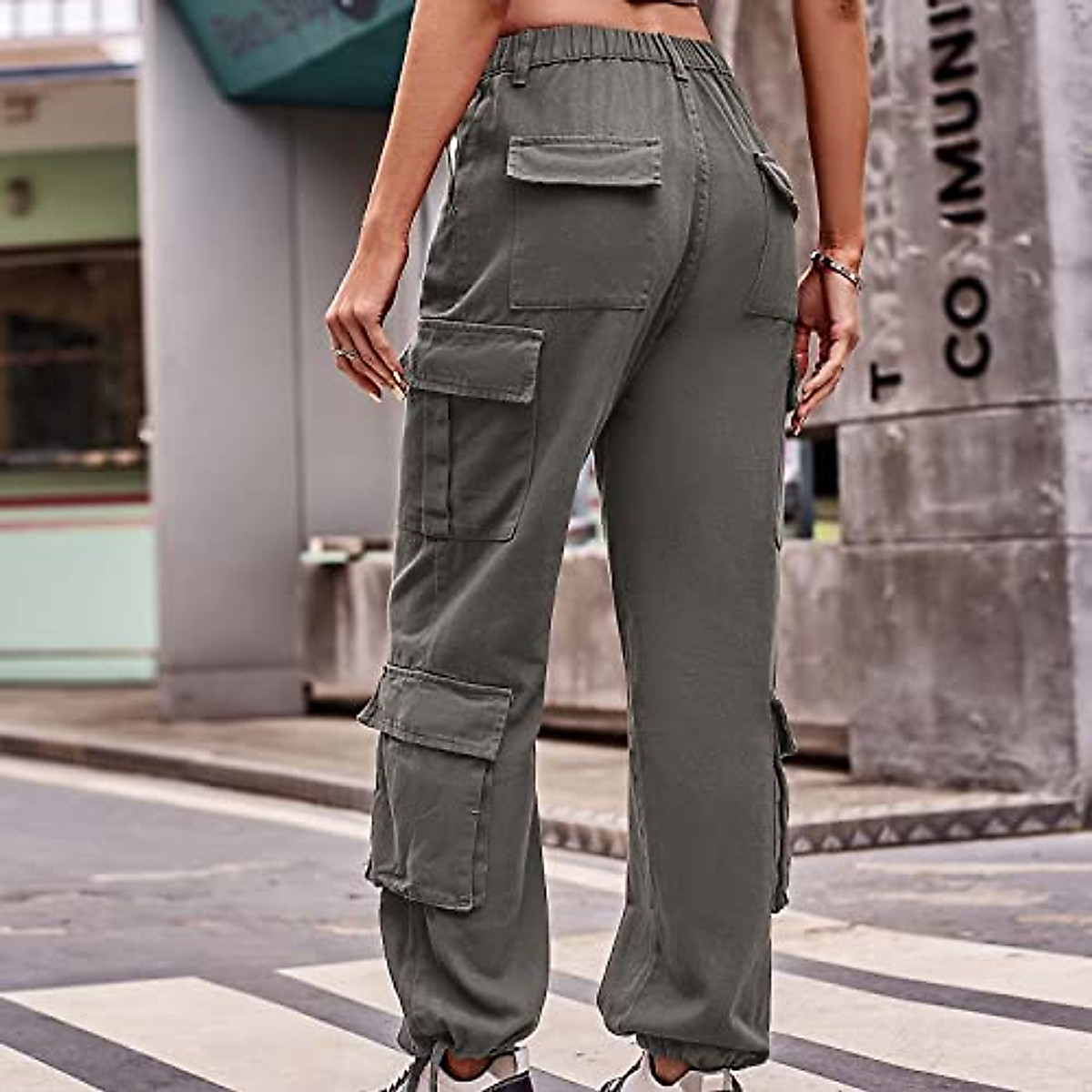 NATHGAM Women High Waisted Cargo Pants Baggy Wide Leg Casual Hiking Pants Outdoor Mountaineering Combat Military Trousers Gray