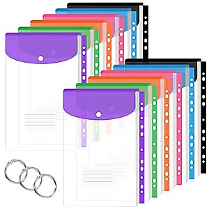 12 Pack Plastic Envelopes Binder Pocket 11 Holes Expandable Binder Folders for 2/3/4 Ring Document Pouch with Snap Button & Label Loose-Leaf Transparent for School Home Office (Vertical-Opening)