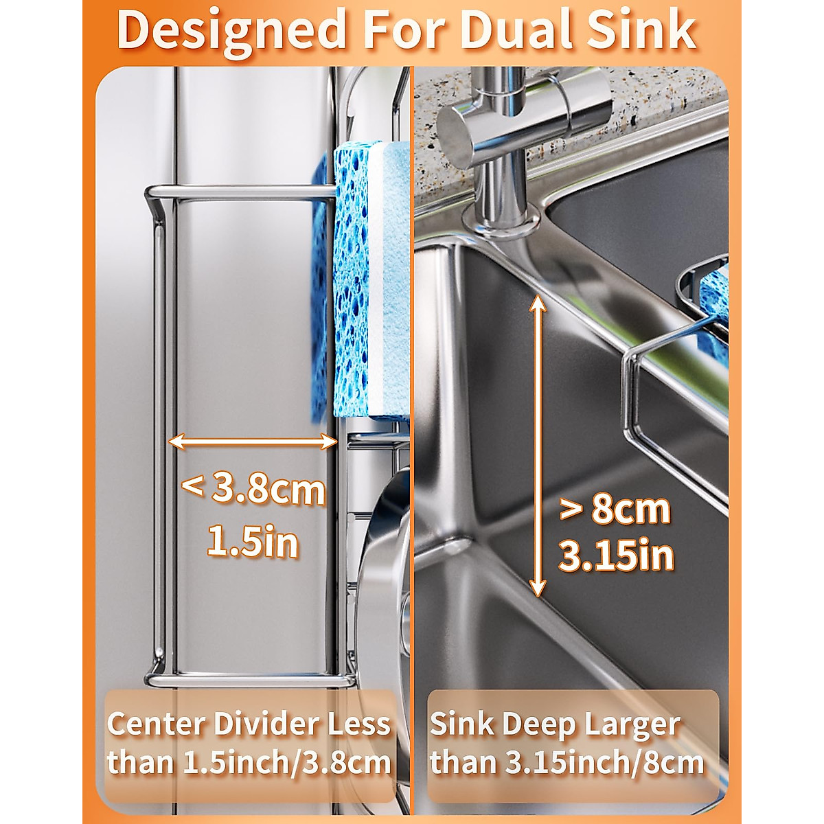 SWTYMIKI Sponge Holder for Kitchen Sink with Partition, Movable Kitchen Sink Caddy with Compact Size Rustproof and Waterproof Hanging Sink Sponge Caddy for Double Bowl Sinks, Silver