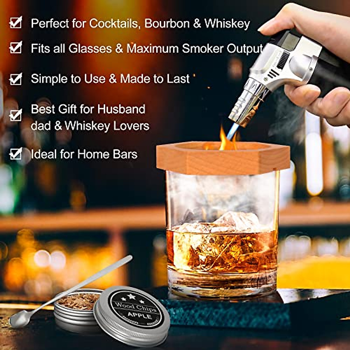 Cocktail Smoker kit with Torch for Old Fashioned Cocktail Whiskey Bourbon, Premium Drink Smoker Infuser Kit with 4 Flavored Smoking Wood Chips, Smoke Gifts for Men, Whisky Lovers (No Butane)