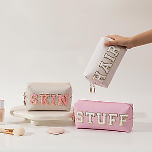 HBlife Pack of 3 Preppy Makeup Bag PU Leather Travel Toiletry Bag Set for Women Portable Chenille Letter Cosmetic Bag Waterproof Pouch Cute Zipper Organizer, Stuff, Skin and Hair