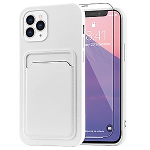 MZELQ Compatible with iPhone 13 Pro Max Case TPU Card Holder Wallet Cover,Camera Protection + Screen Protector Soft Card Slot Phone Case -White