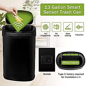 FFBag Kitchen Trash Can with Lid, 13 Gallon/50 Liter Automatic Sensor Touch Free Garbage Can Durable Touchless Stainless Steel Brushed Waste Bin for Bathroom Bedroom Home Office Black