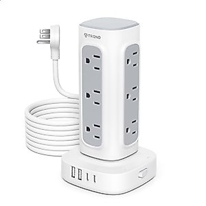 TROND Tower Power Strip Surge Protector - Power Strip with 4 USB Ports(2 USB C), 12 Widely Spaced Outlets, Ultra Thin Flat Plug 10ft Extension Cord, 1700J, for Home Office Supplies, Dorm Essentials