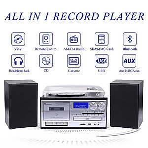 Gartopvoiz Bluetooth Vinyl Record Player, 3 Speeds All in 1 LP Turntable with External Stereo Speakers, CD Player Cassette AM/FM Radio USB/SD Encoding & Playing Phonograph