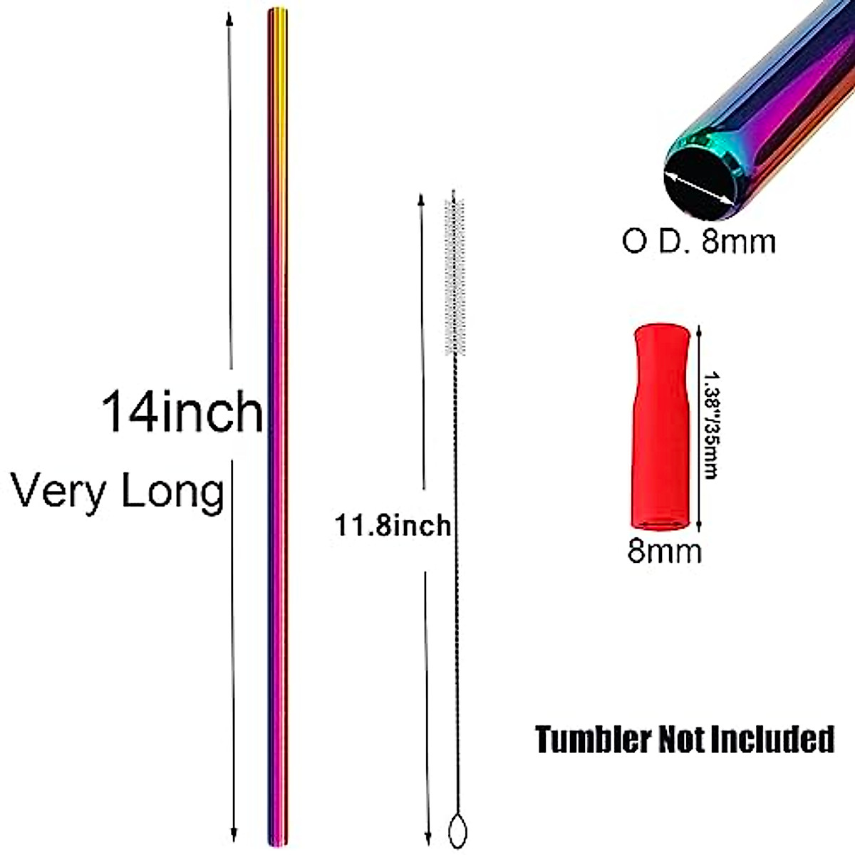 Wobye 4 Pack Colorful Stainless Steel Straws with Silicone Tips & Cleaning Brush, 14'' Extra Long 0.32'' Wide Reusable Metal Straws for 1 Gallon/128 75oz Large Water Bottle 64oz Tumbler, Wine Bottle