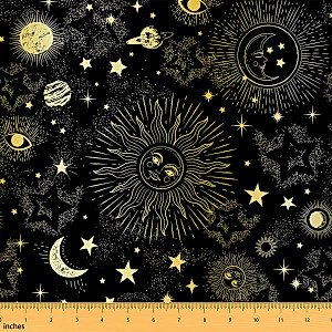 Sun Moon Fabric by The Yard, Starry Sky Series Upholstery Fabric Kids, Cosmic Planets Sun Face Pattern Decorative Fabric Boys Girls, Trippy Hippie Indoor Outdoor Fabric, DIY Art 1 Yard, Golden Black