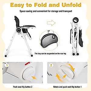 BABY JOY High Chair for Babies & Toddlers, Foldable Highchair with Adjustable Backrest/Footrest/Seat Height, Double Removable Trays, Detachable Seat Cushion, 4 Lockable Wheels (Black)