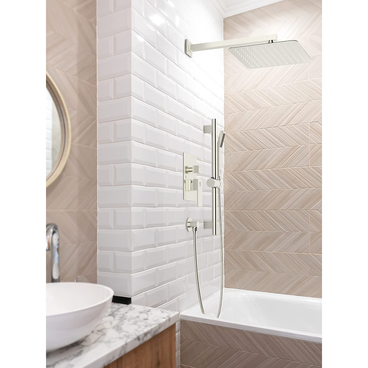 SR SUN RISE 12 Inch Square Shower System, Rain Shower Head and Slide Bar Handheld Shower Faucet Wall Mounted Combo Set Included Valve and Trim Kit for Bathroom, Brushed Nickel