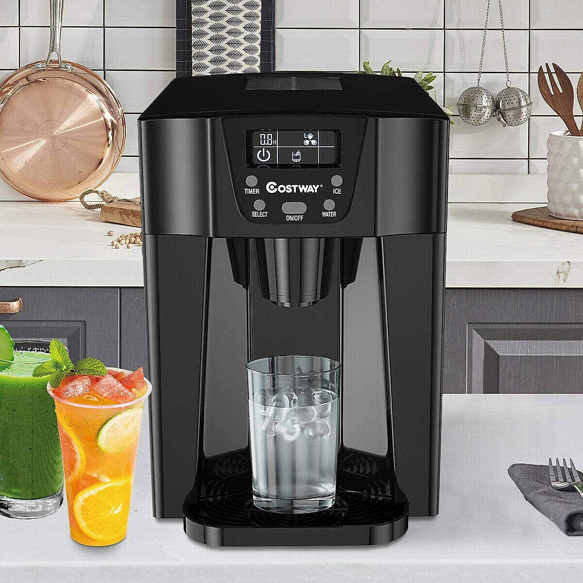 Refrigeration Modern High-Efficiency Maker Water Dispenser Countertop 36Lbs/24H LCD Display Portable Black Portable 2 In 1 Ice Ice-Making Restaurants, Bars Canteens, Snack