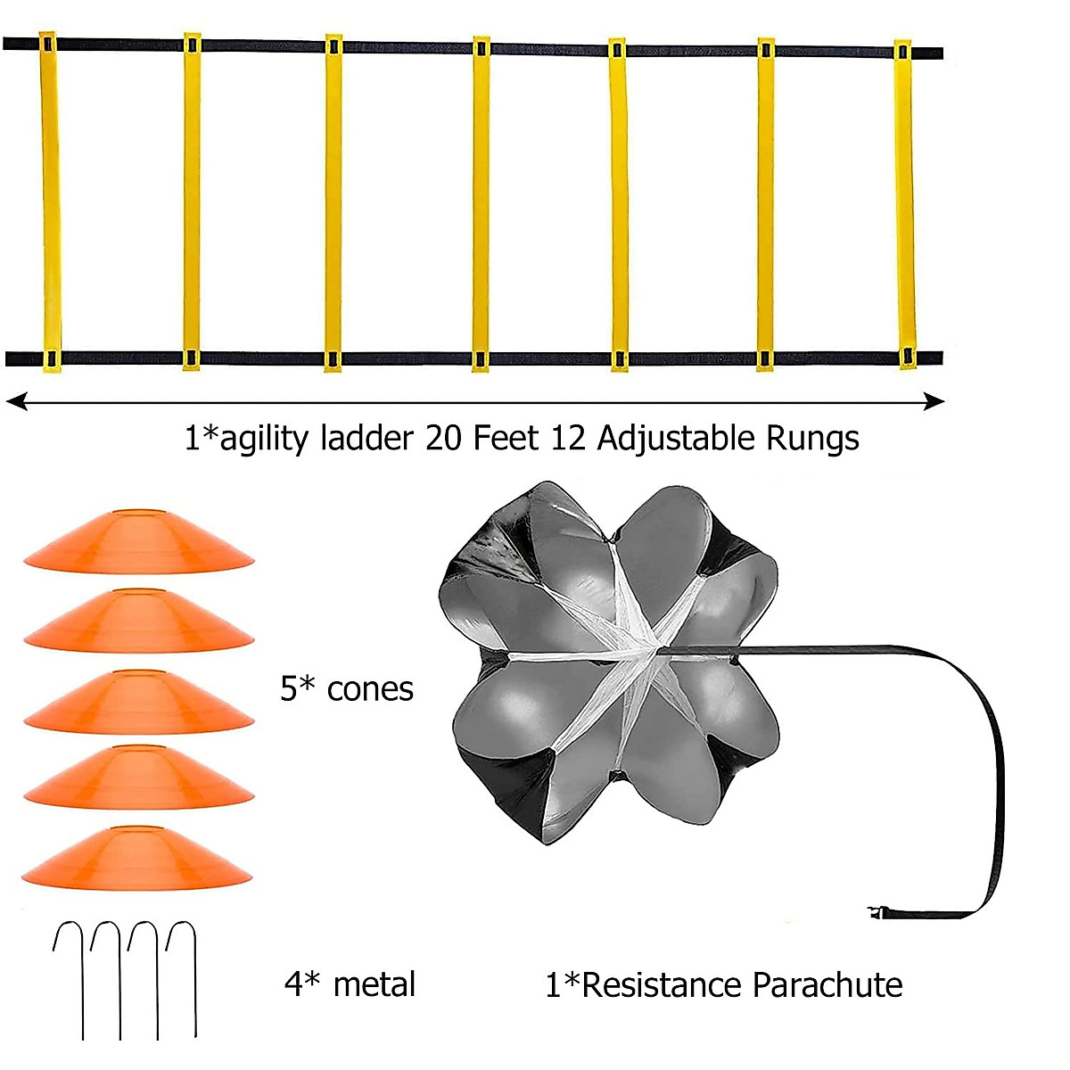 CANPPNY Speed Agility Training Kit—Includes Agility Ladder with Carrying Bag, 5 Disc Cones, Resistance Parachute.Use Equipment to Improve Footwork Any Sport.
