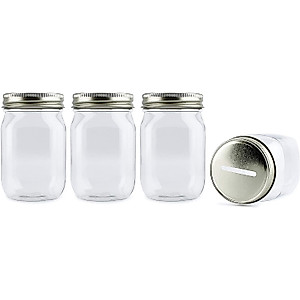 Cornucopia Brands Small Coin Bank Jars (4-Pack, Clear); 16oz Clear Plastic Mason Jar Coin Banks w/Gold Slotted Lids