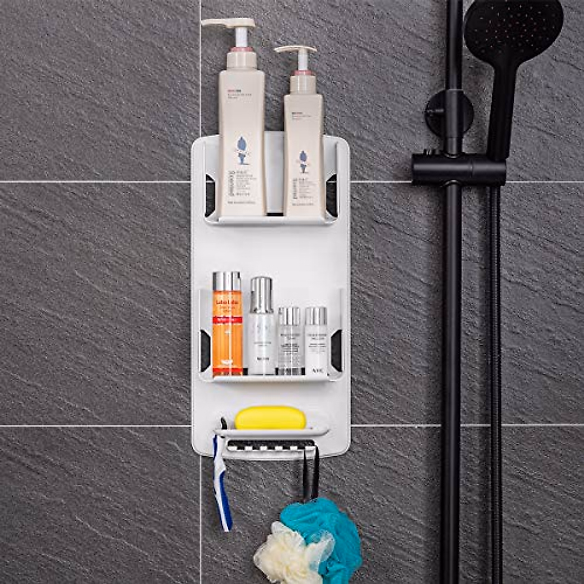 Shower Caddy - Plastic Shower Organizer Hanging, No Drilling Bathroom Organizer with 6Hook, Baffle Anti-drop Design, Removable Shower Holder for Shampoo and Soap is Easy to Clean