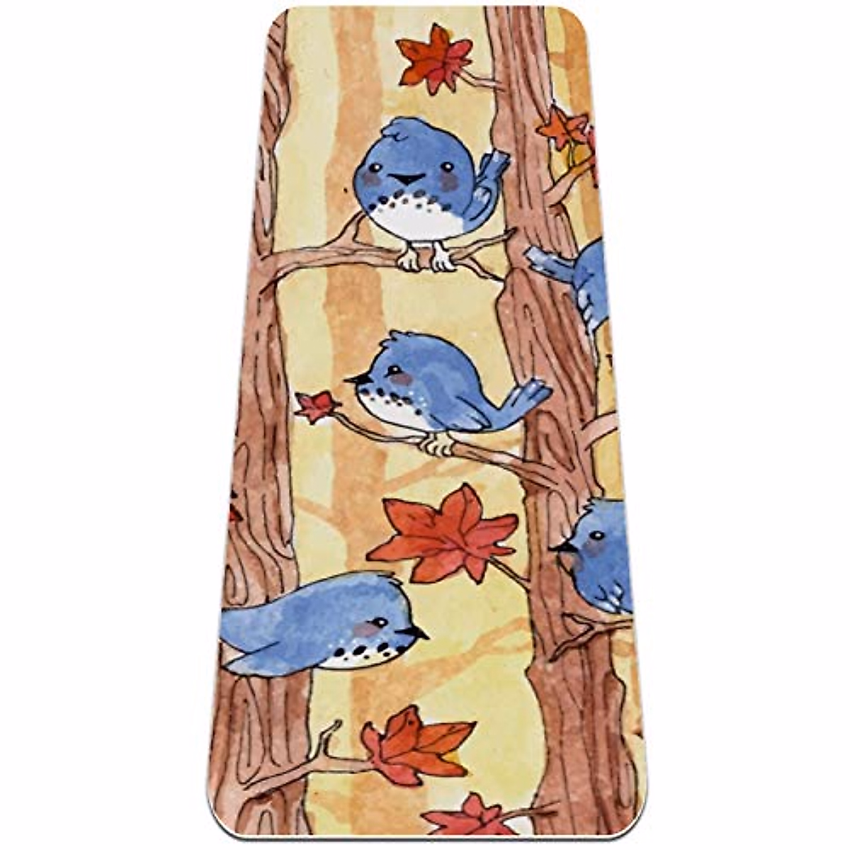 Unicey Thick Non Slip Exercise & Fitness 1/4 Yoga mat with Autumn Birds Rest On The Tree Maple Leaves Blue Print for Yoga Pilates & Floor Fitness Exercise (61x183cm)