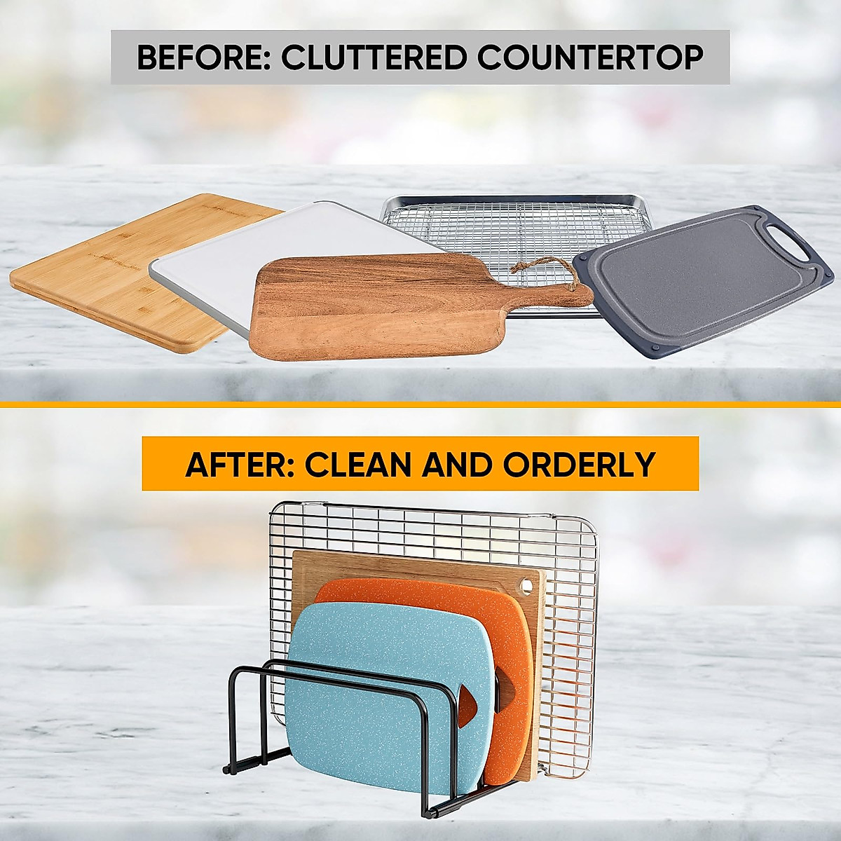 Cutting Board Organizer Rack- Metal Black Holder Stand for Cutting Boards, Baking Sheets, Cookie Pans, Cooling Small Racks Storage Stand and Bakeware for Kitchen Cabinet Countertop Bakeware Organizer