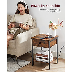 VASAGLE Nightstand with Charging Station, Side Table with Drawer and Open Shelf, End Table, for Bedroom, Easy Assembly, Industrial, Plug-in Series, Rustic Brown and Black ULET513B01