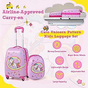 HONEY JOY Kids Luggage, 12" Toddler Backpack & 16" Travel Suitcase with Wheels, Lightweight Toddler Girls Suitcase, Durable ABS Hardshell, 2Pcs Carry On Luggage Set for Boys Girls(Pink Horse)