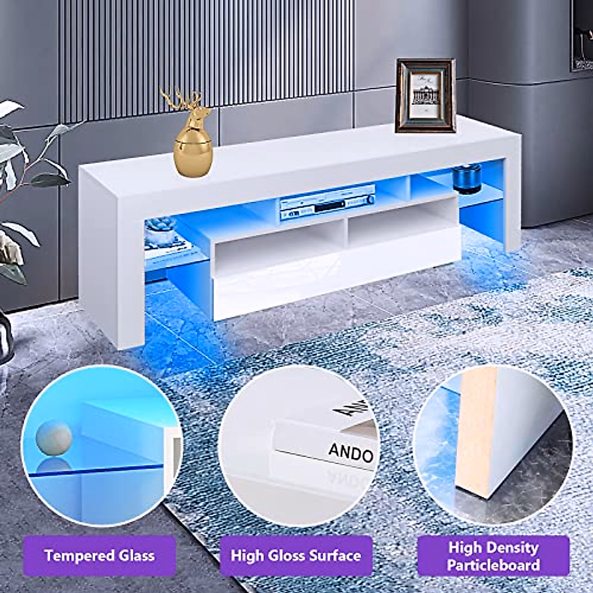 TV Stand with LED Lights for 60/65/70 Inch TV, Modern Gaming Entertainment Center, High Gloss Television Stands Media Console with Glass Shelves and 2 Drawers for Living Room, Bedroom, White