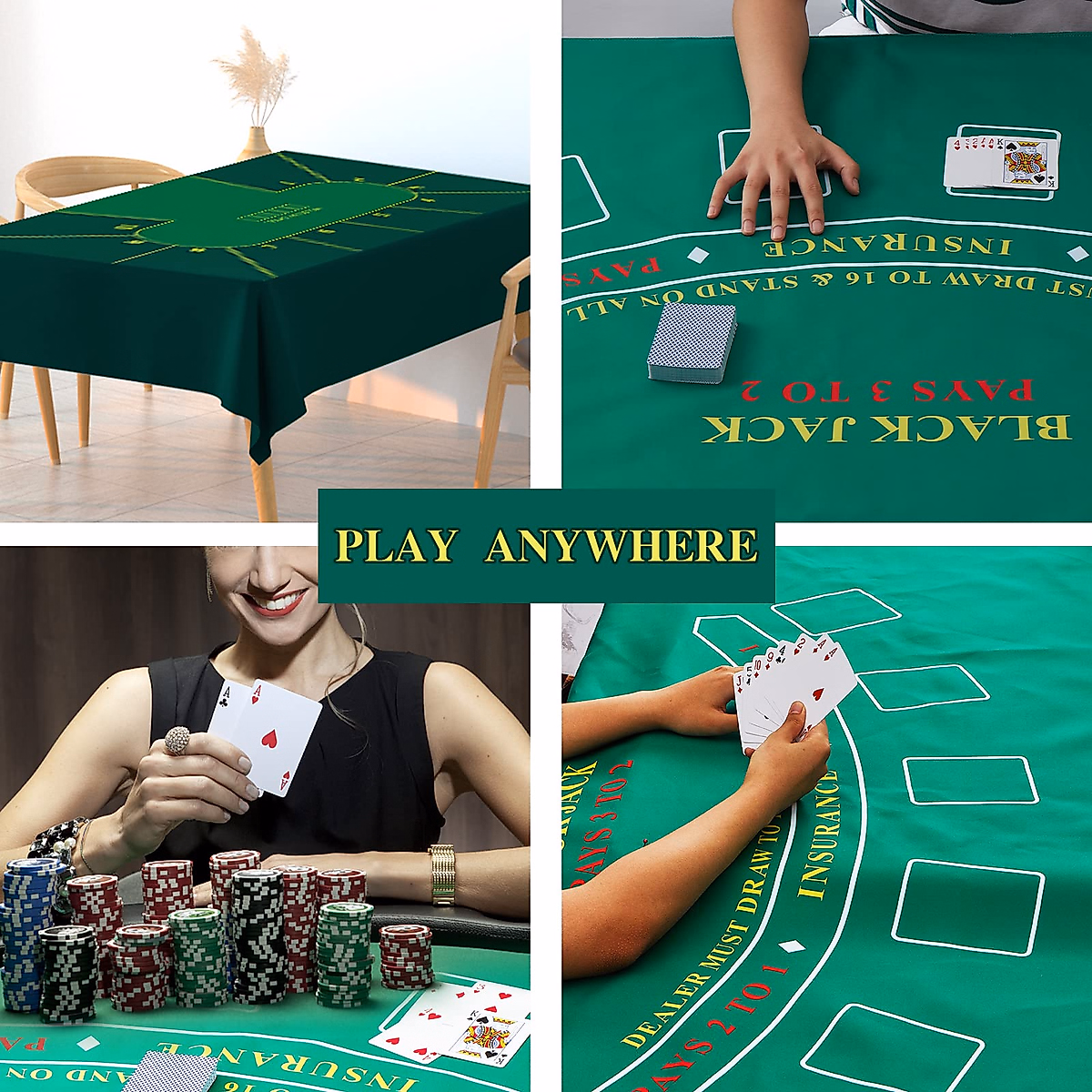 Poker Table Topper Blackjack Set – play Casino Games using the Texas Holdem Poker Set on Green Table Cloth or Black Jack Set on Green Felt Table Mat