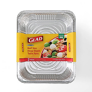 Glad Disposable Half Size Aluminum Steam Pans - 2 Count, 12.5 x 10.25 x 2.5 Inches, Foil Pans for Steaming