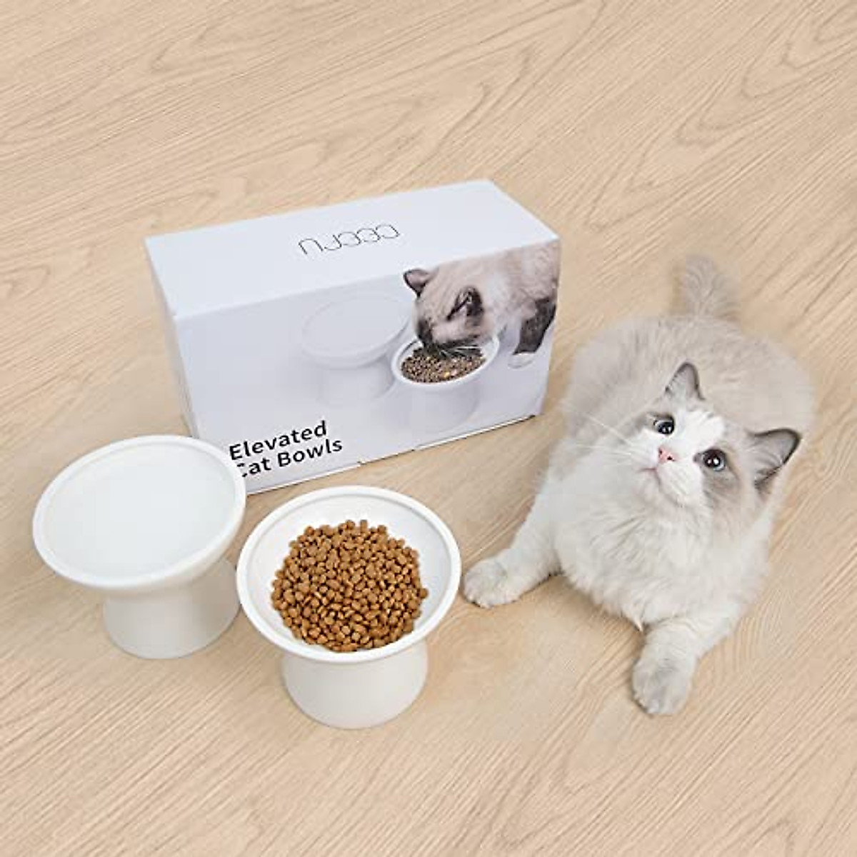 CEEFU 2 Extra Wide Raised Cat Food Bowl, Elevated Anti-Vomiting Cat Feeder Whisker Stress-Free Dog Two Bowls Ceramic Cat Feeding Bowls White