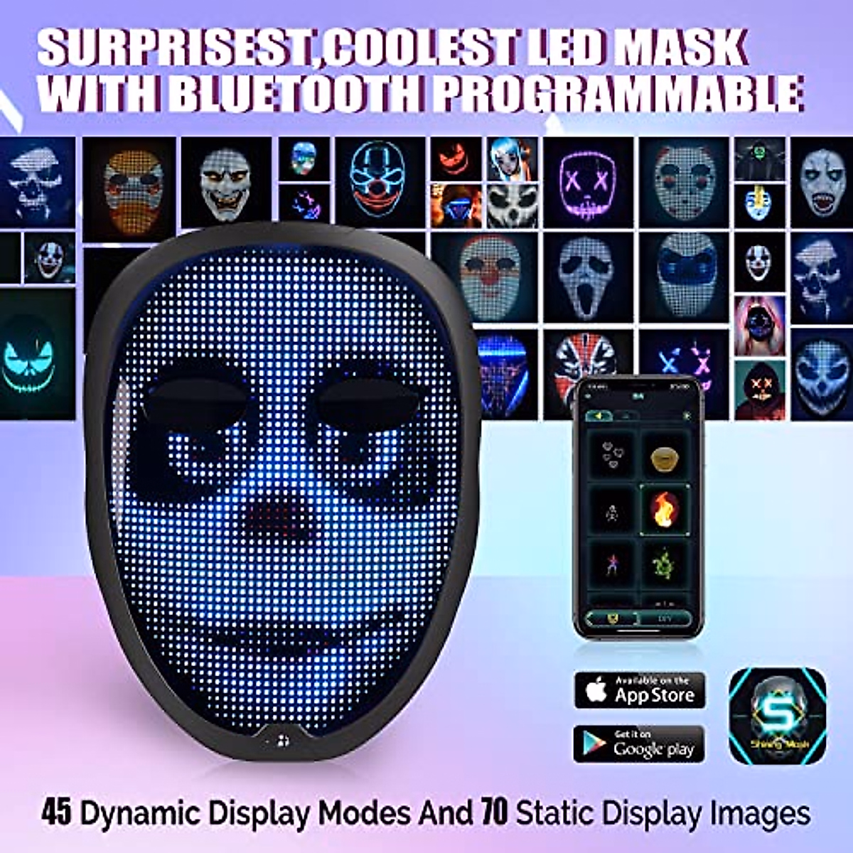 MEGOO Led Mask with Bluetooth Programmable,Ultra-light-thin Led Digital Light Up Face Mask for Halloween Rave Masquerade