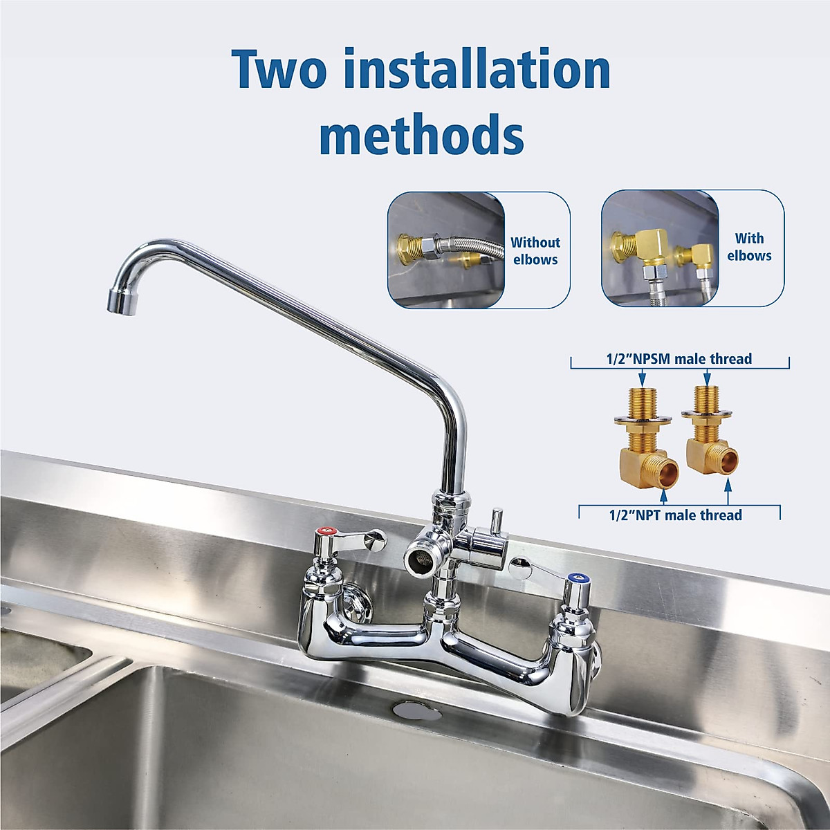 MaxSen Commercial Sink Faucet Wall Mount 8 Inch Adjustable Center with 3/4'' Gargen Hose End,Commercial Kitchen Faucet with 12" Swivel Spout fit for 1,2,3 Restraurant Compartment Sink.