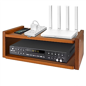 BAMTALK 2 Tiers WiFi Router Floating Shelves Under TV DVD, Wall Mounted & Table Top, Wooden Component Shelf for Media Console, Modem, Cable Box, PS4, Game Console, TV Accessories