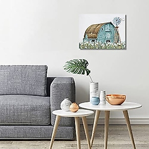 Teal Barn Canvas Wall Art: Rustic Barn Bathroom Decor Old Barn Pictures Wall Art Framed for Farmhouse Bedroom Ready to Hang (12"x16"x1 Panel)