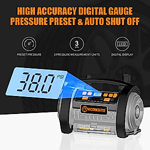 WORKSITE Air Compressor Tire Inflators, 20V Cordless Car Tire Pump with Inflation & Deflation Modes, Dual Powerful Motors, Digital Pressure Gauge, Battery & 12V Car Charger