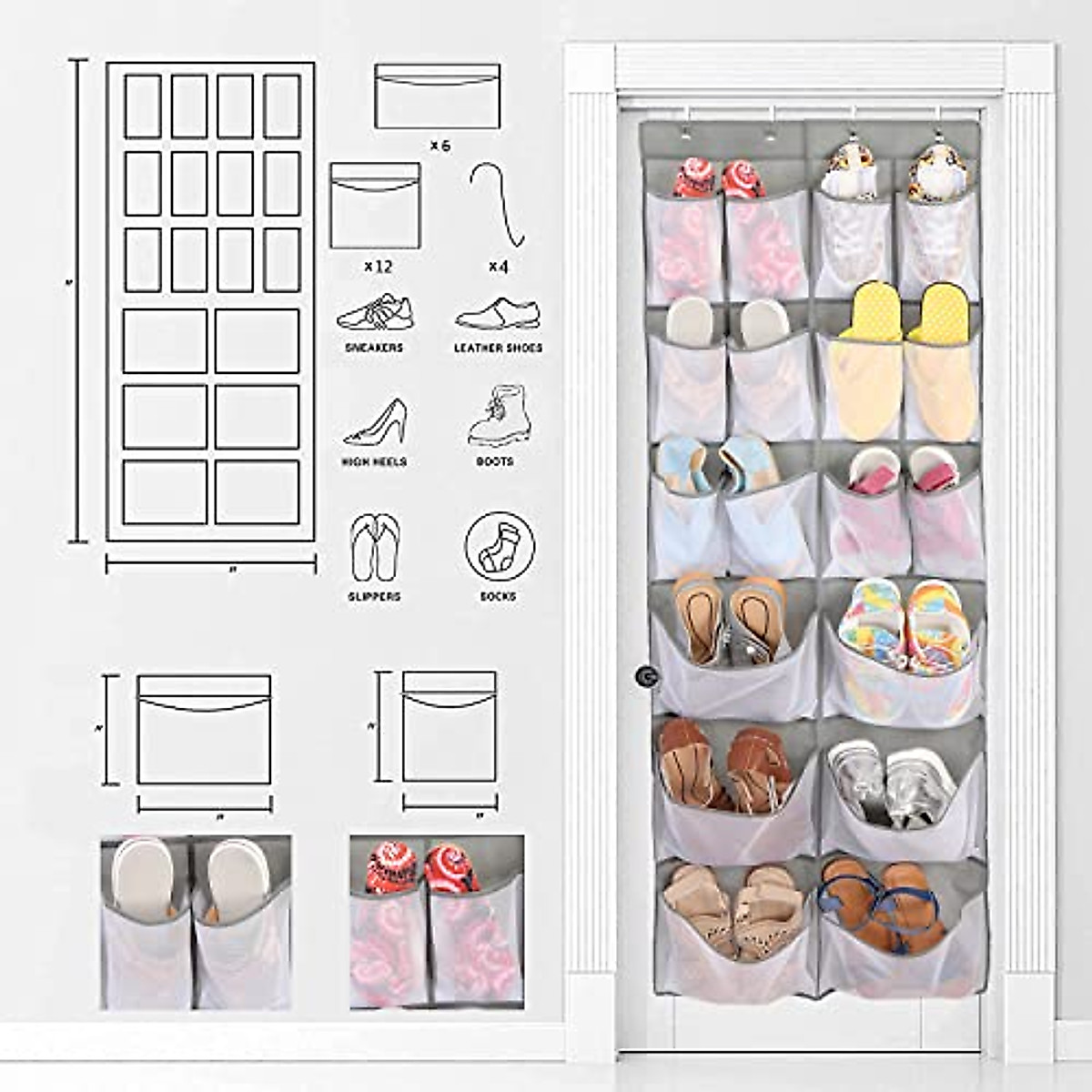 Over the Door Shoe Organizer, 18 Pockets Hanging Shoe Rack Non-Woven Visible Mesh Large, Back of Door Hanging Storage Closet Shoe Holder Hanger for Entryway Bedroom Bathroom