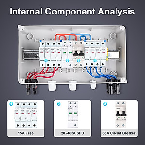 OELFFOW DC1000V 32A PV Combiner Box with 15A Rated Current Fuse, 63A Circuit Breaker, 20kA Surge Protective Device for Solar Panel System, IP65 Waterproof 4 String Grey Junction Box 4 in 1 Out