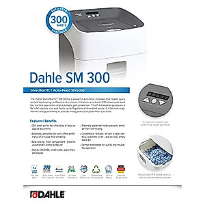 Dahle ShredMATIC SM 300 Auto-Feed Paper Shredder, 300 Sheet Locking bin, Oil-Free, Jam Protection, Security Level P-4, 3-5 Users