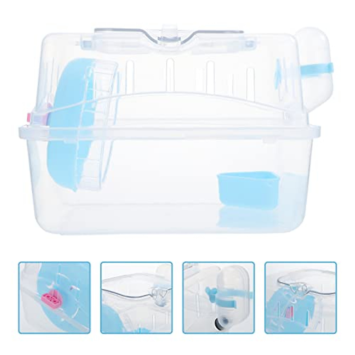 POPETPOP Transparent Hamster Cage Small Animal Habitat Clear Portable Hamster Carrier Cage Plastic House with Exercise Wheel Litter Box for Gerbils Bear Mice Rat Guinea Pig Blue
