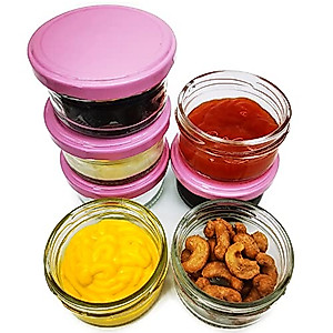 Delove [7 Pack] 2.7 oz Small Glass Condiment Containers with Lids - Salad Dressing Container to Go - Dipping Sauce Cups Set - Leak proof Reusable Sauce Containers for Lunch Box Picnic Travel - Pink