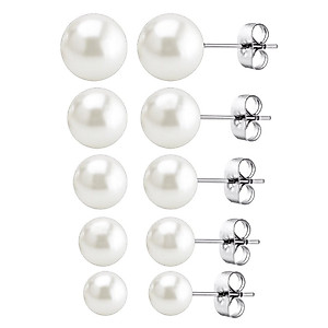 Stainless Steel Stud Earrings Hypoallergenic Cubic Zirconia (6Pairs) (white Pearl)