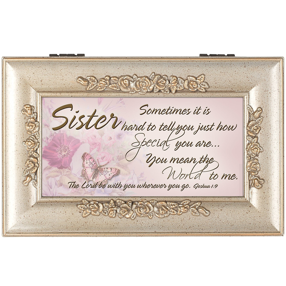 Cottage Garden Sister You Mean The World to Me Silvertone Embossed Floral Jewelry Music Box Plays Amazing Grace