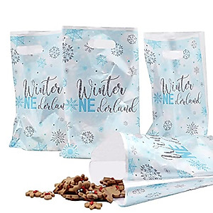 100Pcs Winter Gift Bags-Winter Onederland Baby Shower Decorations Snowflake Plastic Bags Winter Frozen Party Favor Winter Onederland 1st Birthday Bags(Winter Blue)